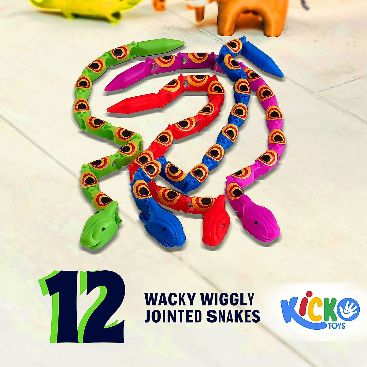 Kicko Wacky Wiggly Jointed Snakes, 15 Inches - Fun and Educational Plastic Toys for Kids - Teach and Improve Motor Skills - Perfect Fidget Party Favor for Boys & Girls - Pack of 12