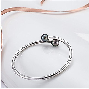 GOWE Natural Tahitian Cultured Pearl Round Pearl Bangle 925 Sterling Silver Open Adjustable Women