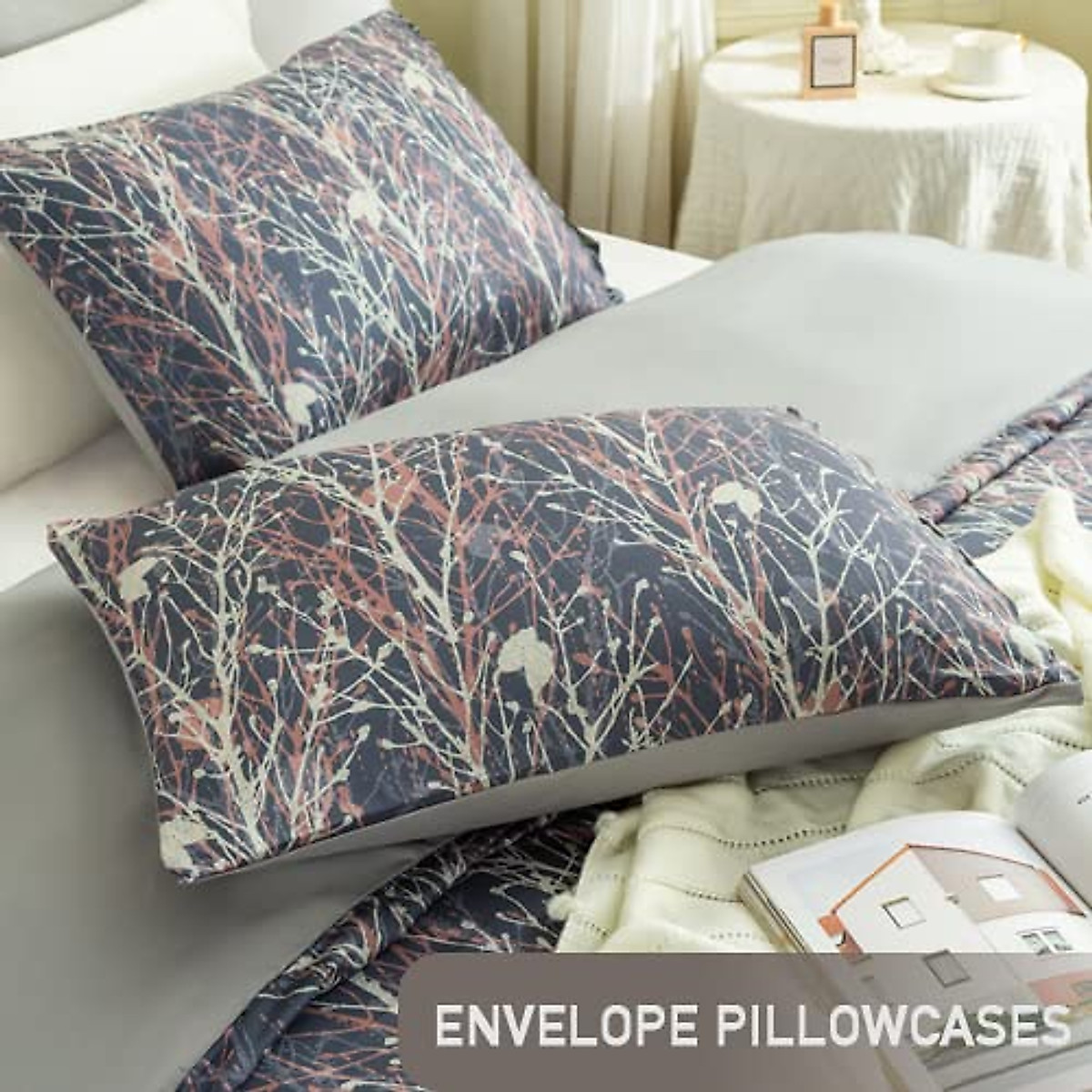 QSTEHEML Duvet Cover Queen Size, Branch Pattern Print Duvet Cover for All Seasons, 3 Pieces Ultra Soft Microfiber Duvet Cover Set with Zipper Closure and Corner Ties (Gray, Queen, 90x90'')