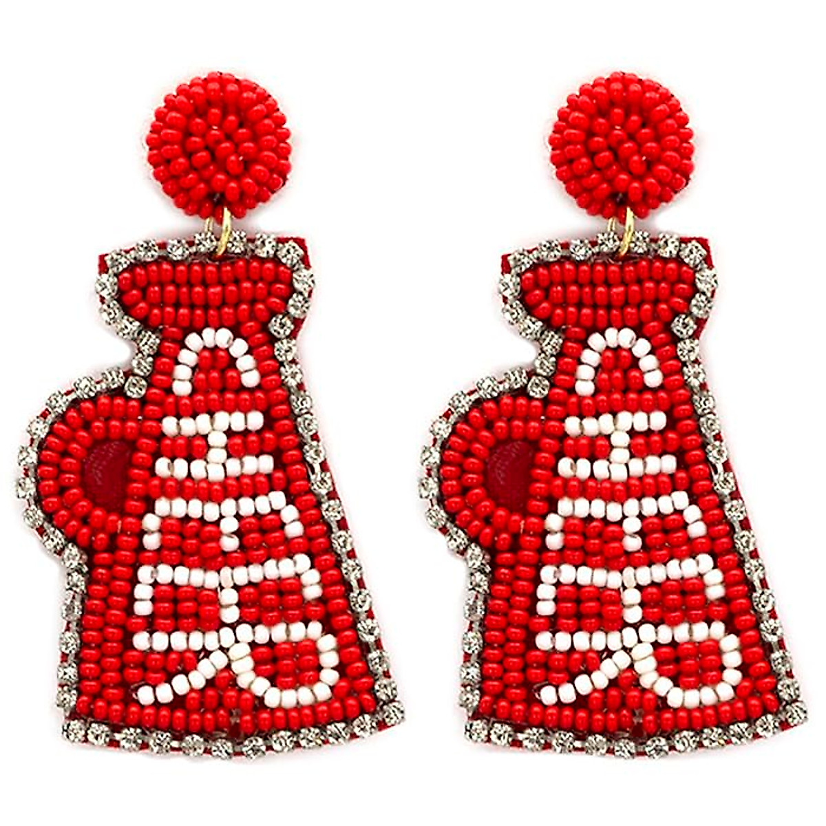 Emulily Beaded Cheer Football Post Earrings Handmade Cheer Football Earrings College Sport Gameday (Red/White)