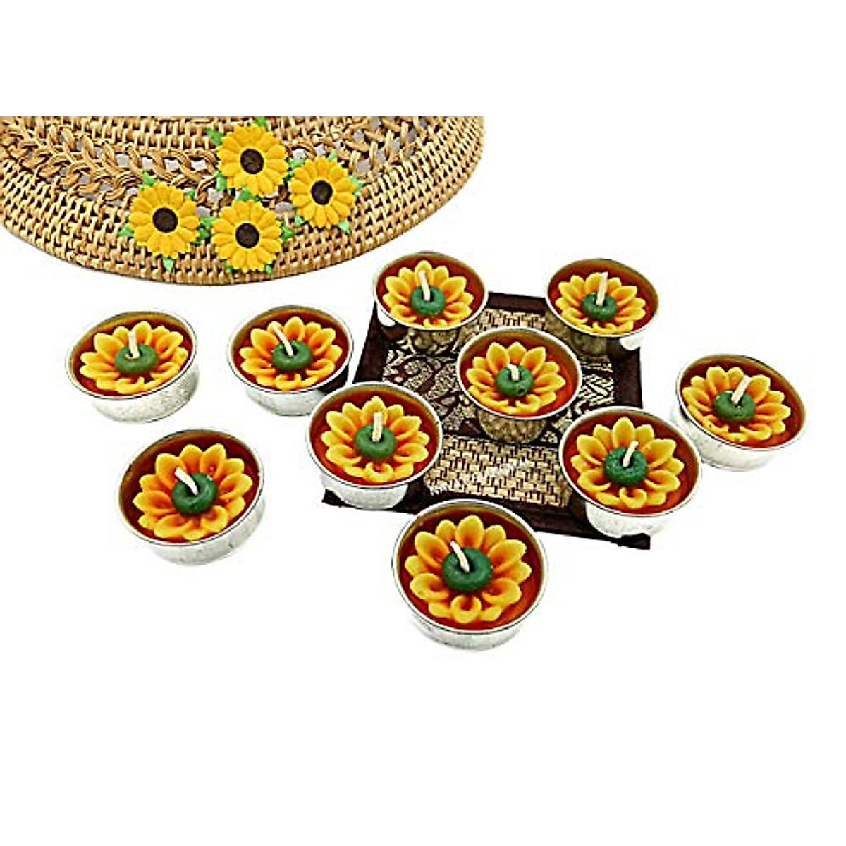 NAVA CHIANGMAI Flower Tealight Candles Scented Tea Lights Aromatherapy Relax Candles for Birthday Party Supplies and Wedding Favor Baby Shower Decorations Pack of 10 Pcs. (Sunflower)