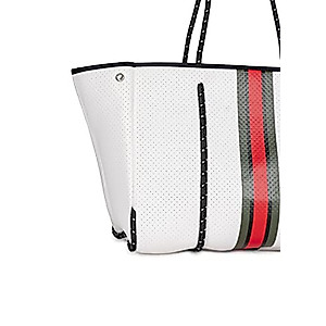 Haute Shore - Greyson Trento Neoprene Tote Bag w/Zipper Wristlet Inside, White Coated W/Red, Black & Green Stripe