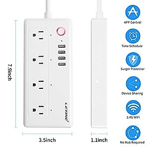 Smart Power Strip Work with Alexa, Google Home, 4.92ft Surge Protector Extension Cord, 4AC Outlets and 4 USB Charging Ports, Timer Schedule, Remote Control via Smart Phone, Smart WiFi Outlets