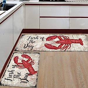 Kitchen Rugs, Red Lobster Seafood Fresh of The Day Vintage Wood Board Plank Non Slip Runner Rug Mat for Floor, Kitchen, Bedside, Sink, Office, Laundry, Set of 2
