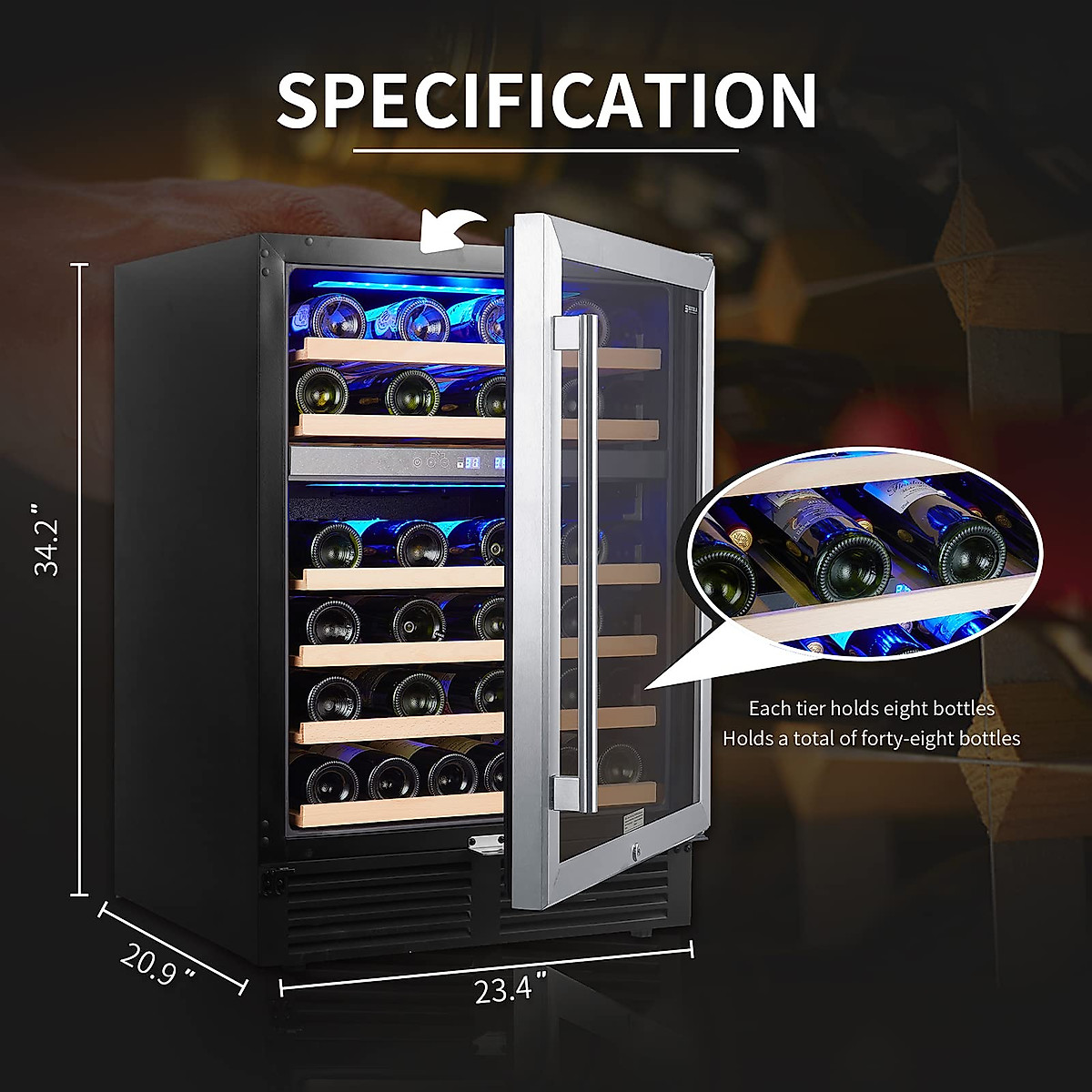 24 inch Freestanding Wine Fridge, 46 Bottle Fast Cooling Low Noise Compact Mini Wine Fridge with Stainless Steel Tempered Glass Door Small Wine Cooler Cabinet Beverage Refrigerator, for Kitchen