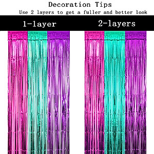 Teal Purple Pink Tinsel Foil Fringe Curtains - Under The Sea Birthday Baby Shower Photo Backdrops Wedding Summer Beach Pool Ocean Party Decor Photo Booth Backdrops Decorations, 3.2 ft x 9.8 ft, 2PC