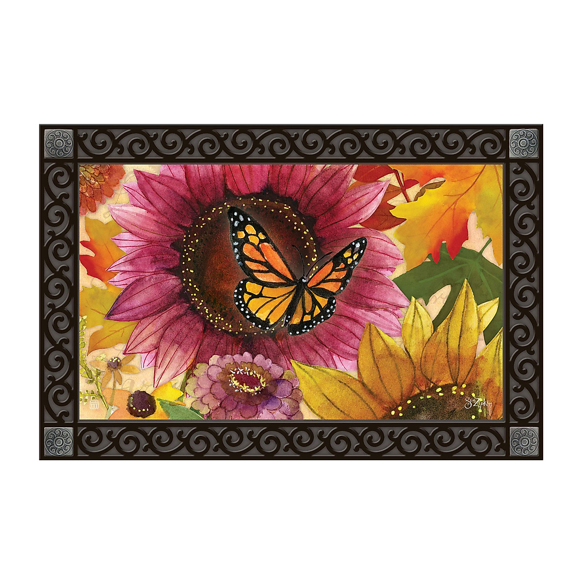 Studio M Sunflower Butterfly Fall/Winter MatMates Decorative Floor Mat Indoor or Outdoor Doormat with Eco-Friendly Recycled Rubber Backing, 18 x 30 Inches