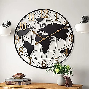 Large World Map Wall Clock, Metal Minimalist Modern Clock, Round Silent Non-Ticking Battery Operated Wall Clocks for Living Room/Home/Kitchen/Bedroom/Office/Farmhouse Decor (24 Inch)
