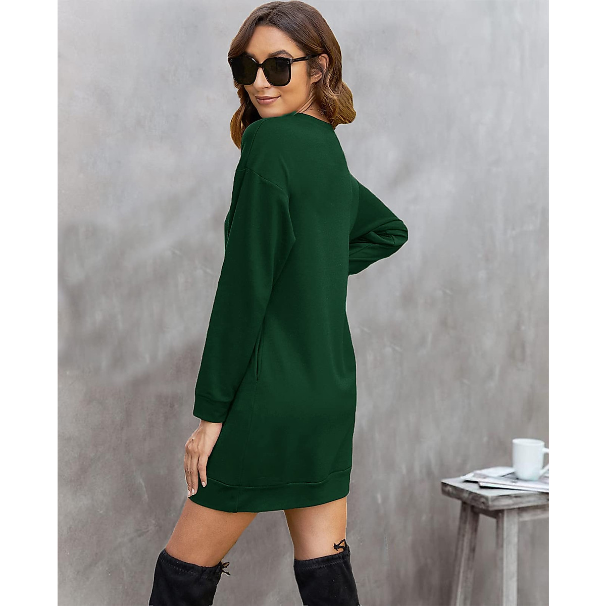 LuckyMore Sweatshirt Dress Women Casual Long Sleeve Tunic Dresses with Pockets Trendy Fall Winter Clothes Dark Green L