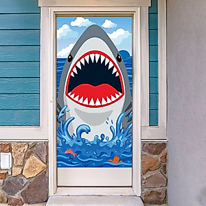 Shark Attack Door Cover for Shark Party Decoration Shark Birthday Backdrop Banner Shark Wall Decoration Sign Front Door or Indoor Home Decor for Kids Ocean Shark Theme Party Supplies