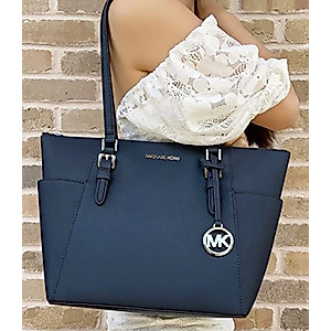 Michael Kors Charlotte Large Top Zip Tote (Navy/Silver Hardware)