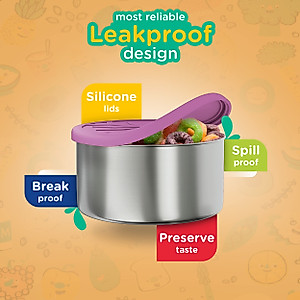 SIMPLY PEP Stainless Steel Container with lids Kids Lunch Containers - Set of 4 Stainless Steel Snack Containers Dip Containers For Lunches Metal Kids Lunch Box Container