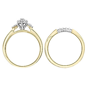 Brilliant Expressions 10K Yellow and White Gold 1/8 Cttw Conflict Free Diamond Marquise Halo Cluster Grooved Band Bridal Set (I-J Color, I2-I3 Clarity), Size 7