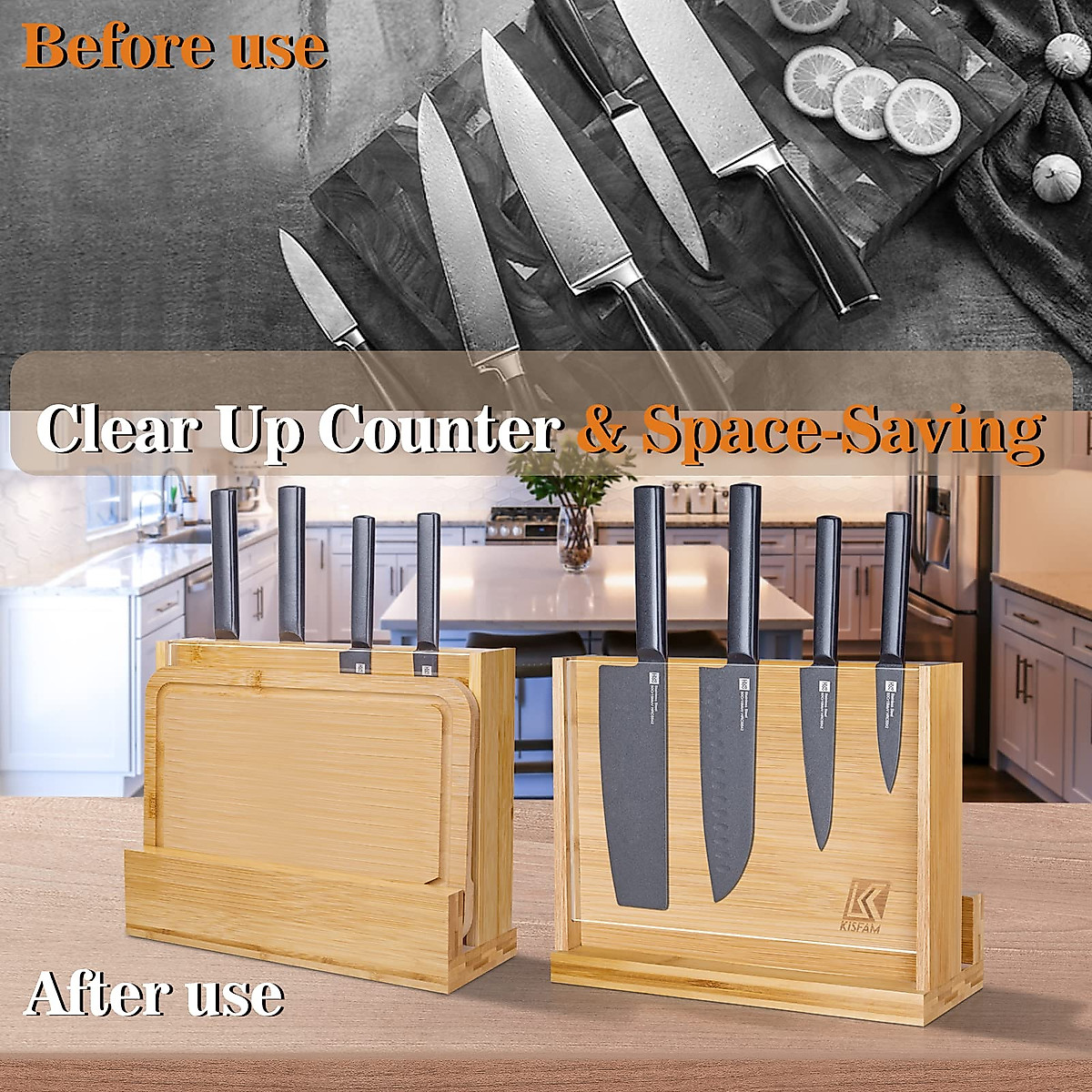 Magnetic Knife Block, Universal Knife Holder Wooden Knives Rack with Double Sided Magnetic and Acrylic Protection Shield for Kitchen Multifunctional Storage (Without Knives & Cutting Board）