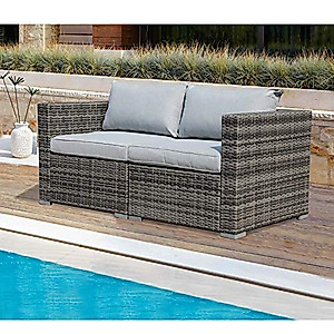 Patiorama Outdoor Wicker Loveseat 2 Pieces, All Weather Grey PE Rattan Sectional Corner Sofa Set, Additional Extra Chairs for Outdoor Sectional Sofa Set, Light Grey Cushion