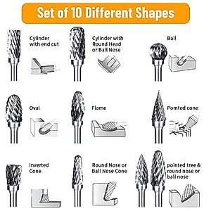 Double Cut Tungsten Carbide Carving Bits for Rotary Tool, 10 Pcs Rotary Burr Set with 1/8 inch Shank and 1/4 inch Grinding Head for DIY, Woodworking, Engraving, Metal Carving, Drilling, Polishing