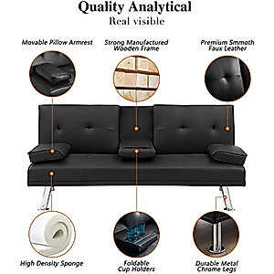 Majnesvon Modern Leather Futon Sofa Bed,Convertible Folding Couch Recliner,Sleeper Loveseat for Small Space,Apartment Office Dorms,with Cup Holders and Removable Armrest (Black)