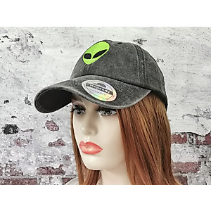 Hepandy Embroidered Green Alien Head Baseball Cap for Kids Women Men, Washed Black Embroidery Trucker Hat, Adjustable Snapback Dad Hats