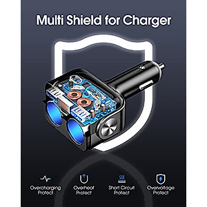USB C Car Charger, BUVAYE 2-Socket Cigarette Lighter Splitter with 12V/24V Dual PD30W & QC3.0 Fast Charging, Cigarette Lighter Adapter Separate Switch LED Voltage Display for Phone, GPS, Dash Cam