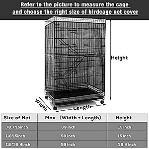 Adjustable Bird Cage Net Cover Birdcage Seed Feather Catcher Soft Skirt Guard Birdcage Nylon Mesh Netting for Parrot Parakeet Macaw Round Square Cages (Black, 78.7 x 15 Inch/ 200 x 37 cm)