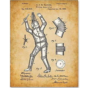Diving Apparatus Patent Drawing Print - Vintage Home Decor, Deep Sea Diving Suit Art, Classic Wall Decor, Scuba Divers and Diving Enthusiasts Gift Ideas, 11x14 Unframed Poster Print