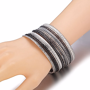 Ensoul 2.68" Inner Diameter Silver Lt Hematite Multiple Textured Metal Bracelets & Bangles Set For Women 18Pcs/Set