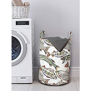 Ambesonne Fishes Laundry Bag, Watercolor Common Carp Perch and Bass Freshwater Animals Themed Seafood Drawing, Hamper Basket with Handles Drawstring Closure for Laundromats, 13" x 19", Multicolor