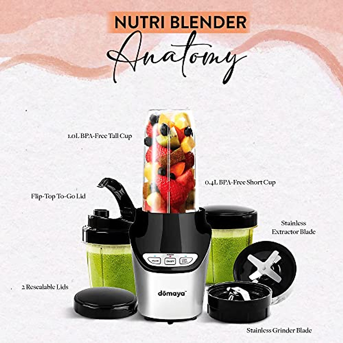1000W High Power Personal Nutri Blender, Multi-Functional Portable Bullet Blenders for Kitchen, Use as Coffee Grinder, Baby Food Blender, & Shake Maker, With 2 Blades, 1L Tall Blender Cup & 0.4L Small Blender Cup - Domaya