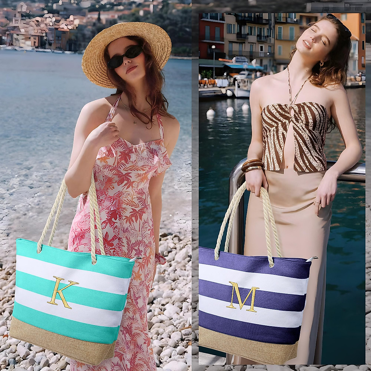 YOOLIFE Monogram Beach Tote Bag for Women - Personalized Beach Bag Canvas Tote Bag Waterproof Bag, Gifts for Friends Female Mom Teacher Birthday Bridesmaid Customized Gifts Idea Christmas Gifts J