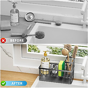 Cisily Kitchen Sink Caddy, Sponge Holder for Kitchen Sink, Kitchen Sink Organzier and Storage with High Brush Holder, Rustproof 304 Stainless Kitchen Gadgets Sink Accessories, Organizadores de Cocina