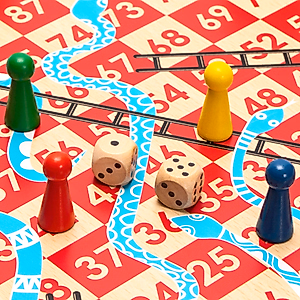 Yellow Mountain Imports 2-in-1 Reversible Wooden Snakes and Ladders, Ludo Game Set - 11.3 inches