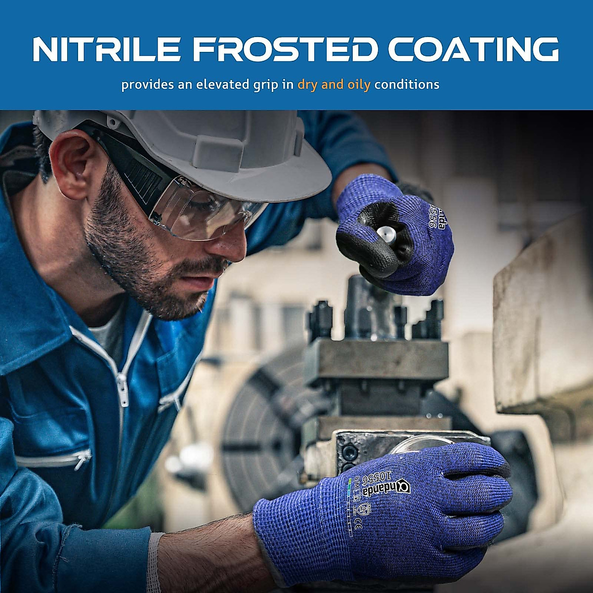 ANDANDA Cut Resistant Gloves Level 5, 3D Comfort Stretch Fit, Nitrile Sandy Finish Coated Work Gloves with Power Grip, Ideal Work Gloves for Men/Women Handle Glass, Sharp Metal, Blue(L),1Pair