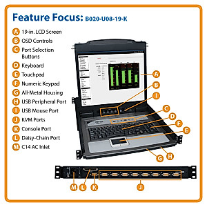 Tripp Lite B020-U08-19-K 8-Port Console KVM Switch w/ 19" LCD & 8 PS2/USB Combo Cables, Black