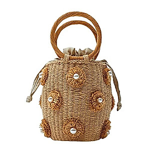 NIBD Flower Pearls Rattan Tote Bag Summer Beach Drawstring Straw Bucket Bag Diamonds Woven Handbag (A Flower)