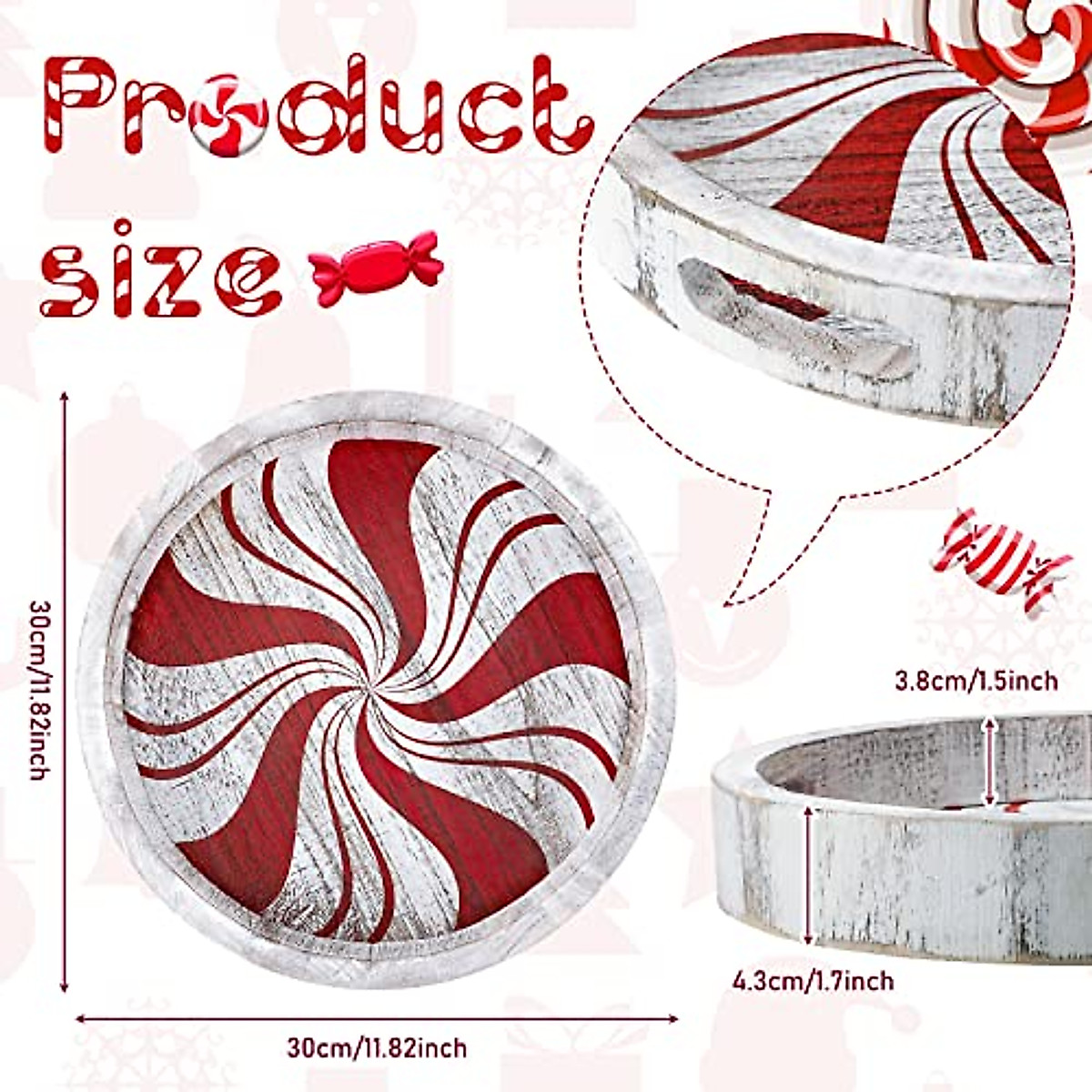 Spiareal Christmas Wood Round Tray Table Decorative Serving with Handles Rustic Coffee Candy Wooden Trays Farmhouse Decor for Birthday Party Tea Supplies(Candy Style)