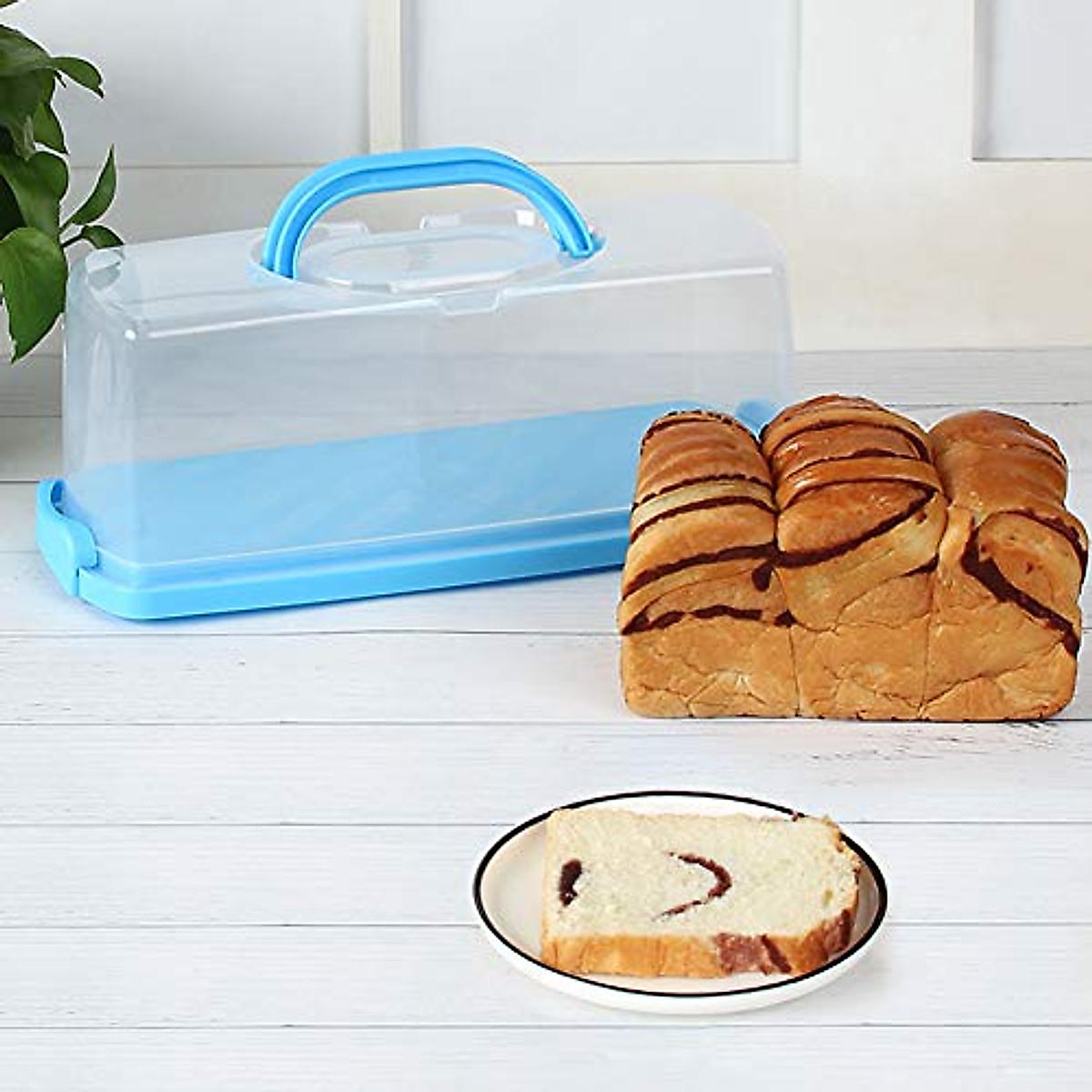 Agyvvt Portable Bread Box with Handle Loaf Cake Container Plastic Rectangular Food Storage Keeper Carrier 13inch Translucent Dome for Pastries, Bagels, Bread Rolls, Buns or Baguettes (Blue)