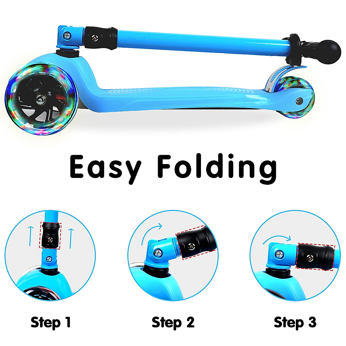 IMMEK Kick Scooter for Kids 3 Wheels Folding Ages 3-12 Years Old Toddler with Three LED Light Wheel, Adjustable Height, Rear Brake, Outdoor Activities for Boys/Girls Maximum Weight 110 lb (Blue)