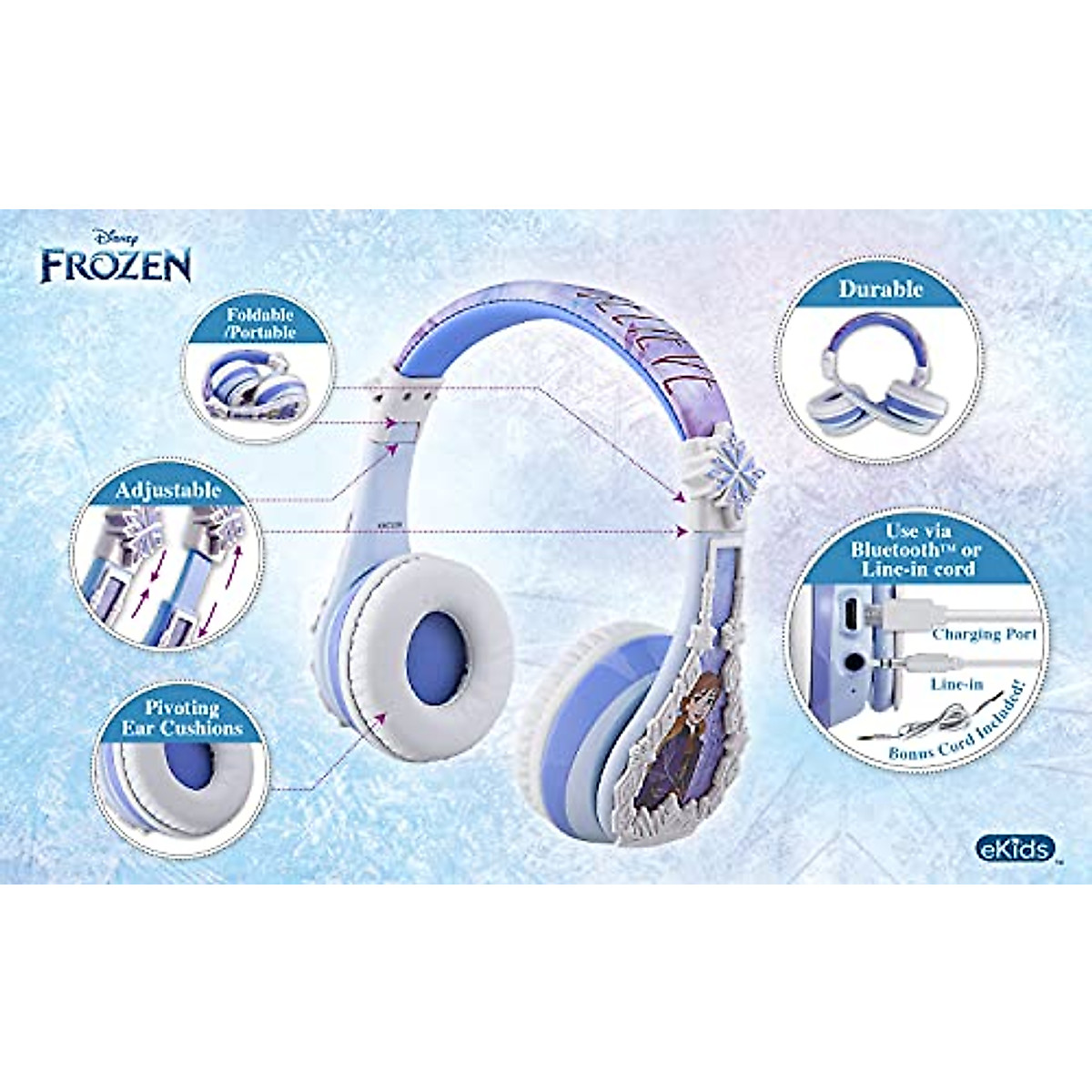eKids Disney Frozen 2 Bluetooth Headphones with Microphone, Volume Reduced to Protect Hearing, Adjustable Wireless Headphones for School Home Travel, for Fans of Anna and Elsa