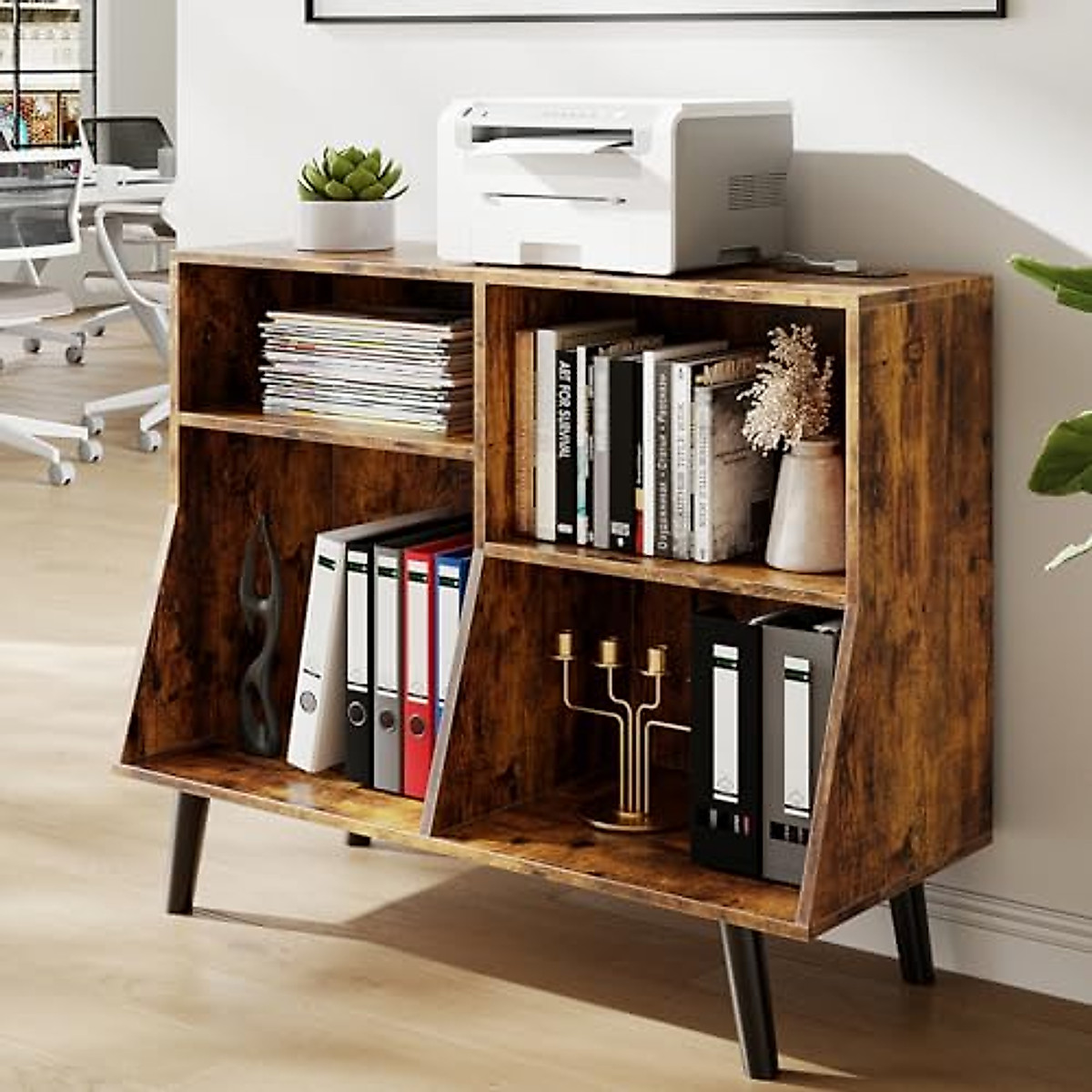 Ethlomoer Storage Organizer BookShelf with Outlets, 3 Tier Mid-Century Modern Bookcase with Legs, Freestanding Wood Open Bookcase, Retro Industrial Horizontal Bookcase for Bedroom, Living Room, Office