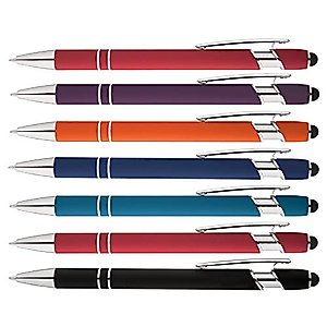Rainbow Rubberized Soft Touch Ballpoint Pen with Stylus Tip a stylish, premium metal pen, black ink, medium point. Box of 7 (ASSORTMENT)