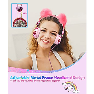 SVYHUOK Pompoms Pink Unicorn Wired Headphones,Cute Cat Ear Kids Game Headset for Girls Teens Tablet Laptop PC,Over Ear Children Headset withMic,for School Birthday Xmas Gifts