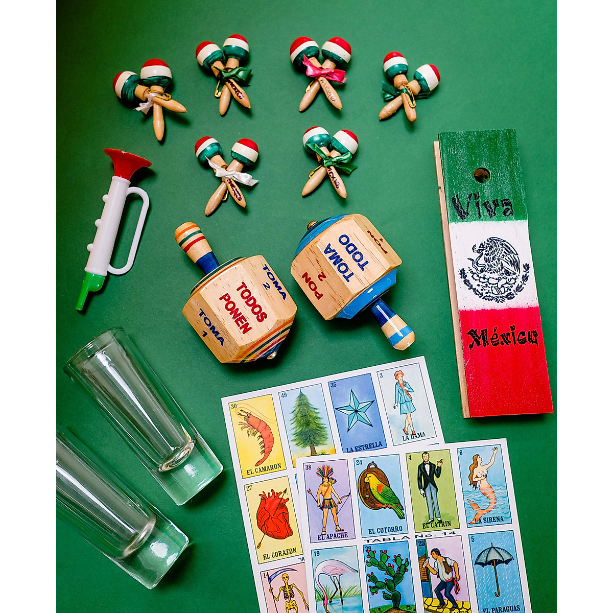 Pirinola Toma Todo Set – Wood Spinning Top Game – Set of 2 - Kids and Adults Party Games for Mexican Fiesta, Bachelor Parties or Baby Shower, 4 Inches Tall