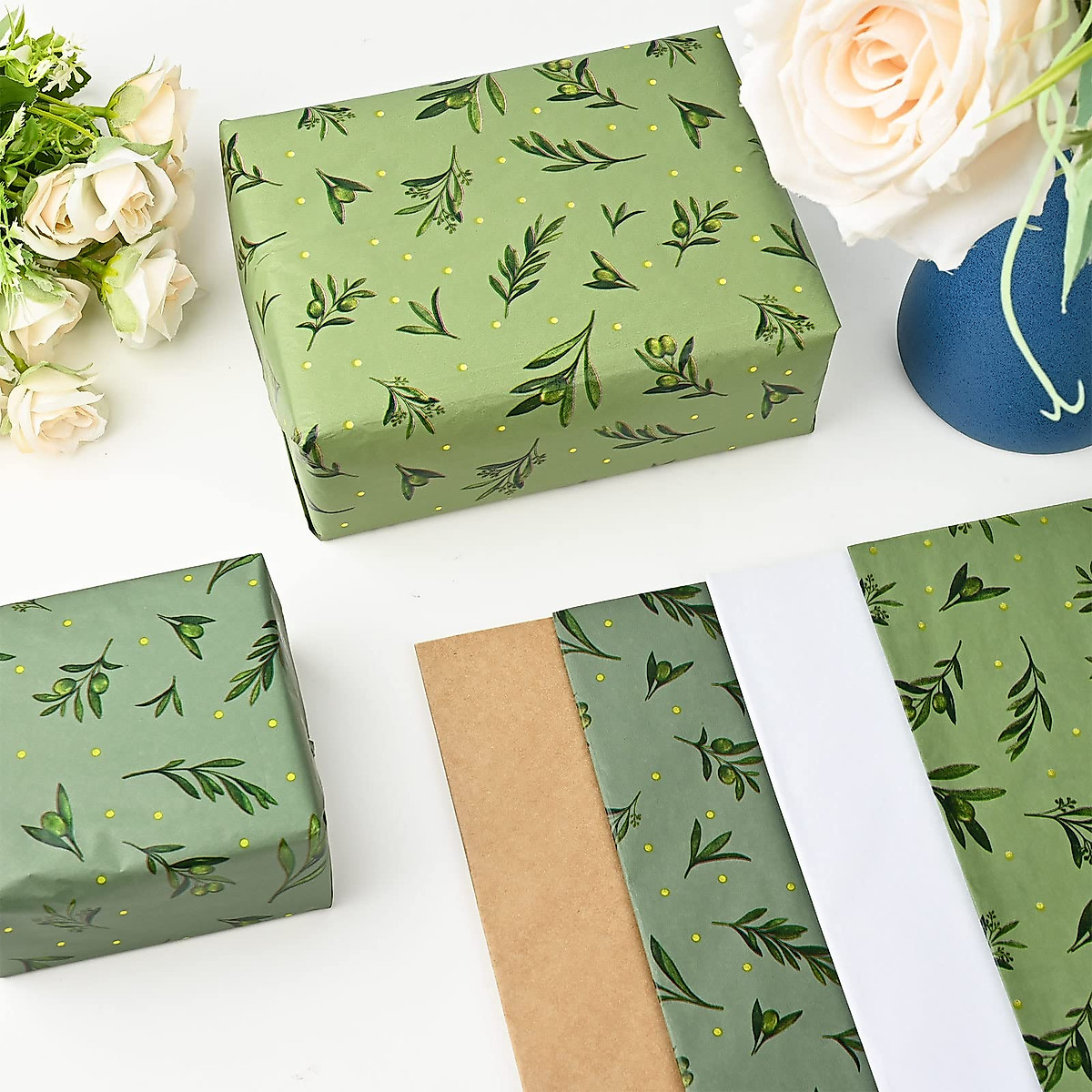 Bolsome 50 Sheets 20x14in Olive Leaf Tissue Paper, Green Wrap Tissue, Greenery Bontanical Tissue Paper for Boho Vibe Gift Bags Boho Plant Tissue for Baby Shower Birthday Wedding Party DIY Craft