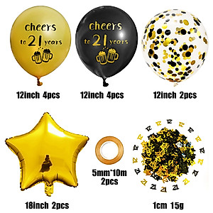 SHUNTAI Cheers to 21 Years Balloons Black and Gold Birthday Decorations 21st Birthday Balloons Latex Gold Confetti Balloon for Him Her 21 Anniversary Theme Happy Birthday Party Decor 12 inch