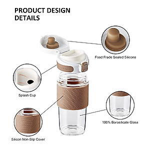 TKK Glass Travel Coffee Mug with Lid 15 OZ Leak Proof Reusable Coffee Cup with Silicone Sleeve - BPA Free, White-NEW