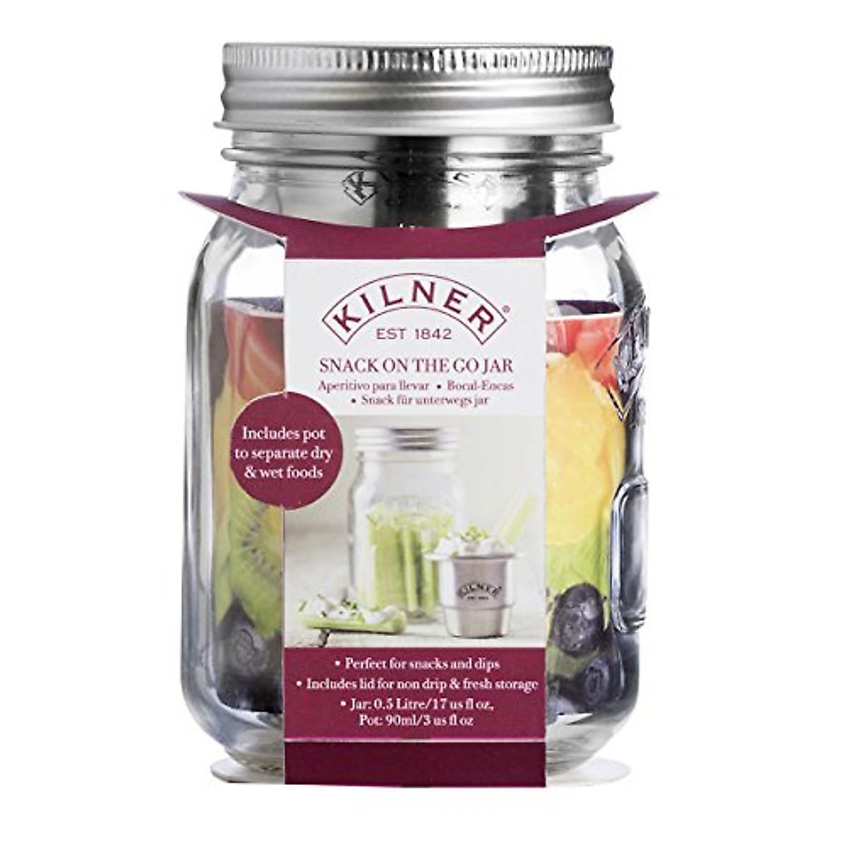 Kilner Snack On The Go Glass Jar Set Stainless Steel Cup Keeps Dry Ingredients Separate from Wet Foods, 17-Fluid Ounces, 0.5L