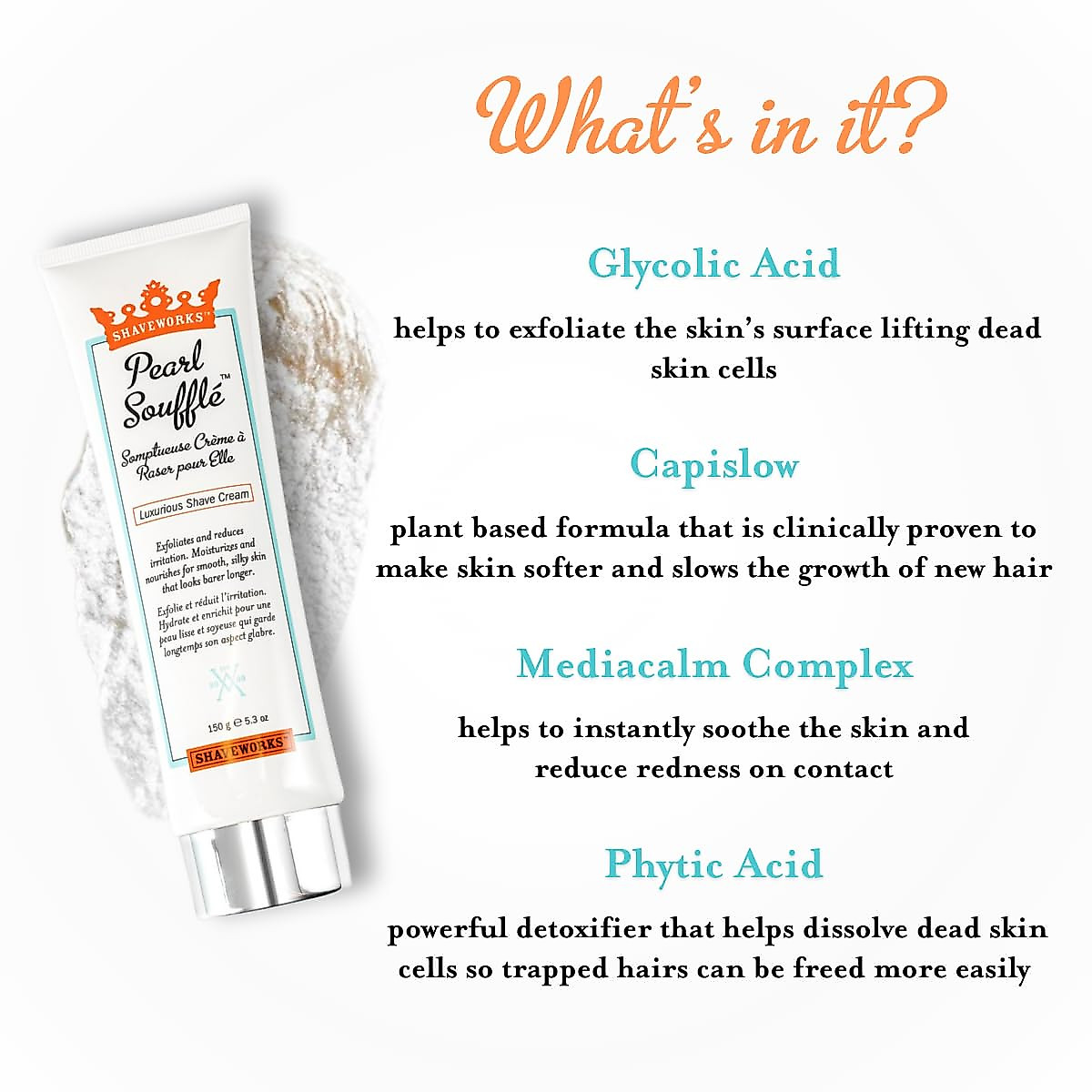 Shaveworks Pearl Soufflé Shaving Cream for Women – Soothing, Hydrating Shave Lotion for Legs, Underarms, Bikini Area – Reduces Irritation, Slows Future Hair Growth 5.3 Fl Oz