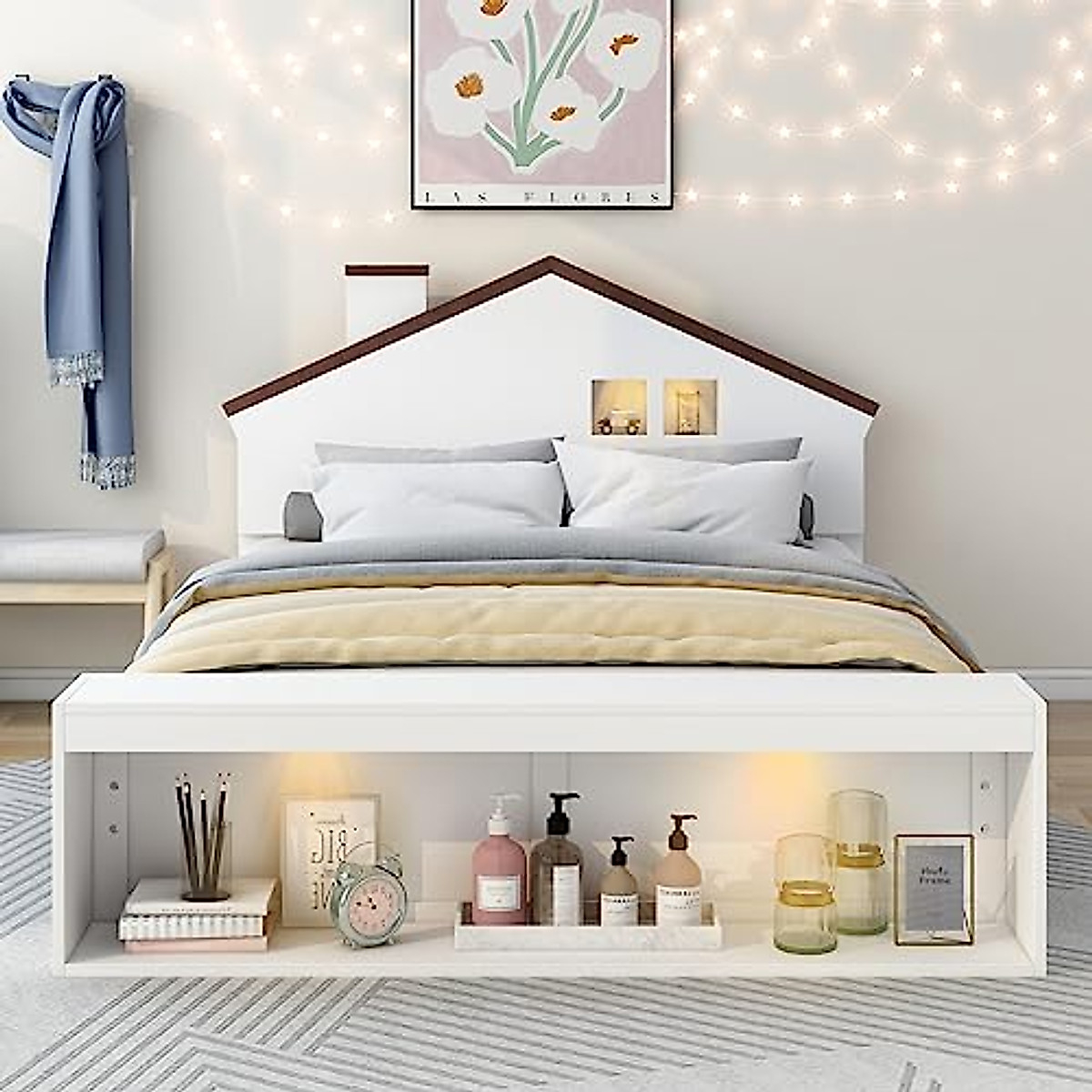 HoRunzelin Modern Full Size Pine Wood House Shaped Headboard Platform Bed with Storage Cabinet and LED Lights for Kids Boys Girls Teens,White