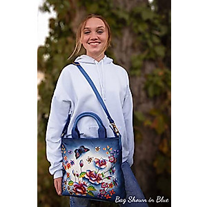 Evi's Bags Women's Hand Painted Floral Leather Shoulder Bag Unique, Large, Handmade Handbag - Satchel - Purse - Tote (Blue)