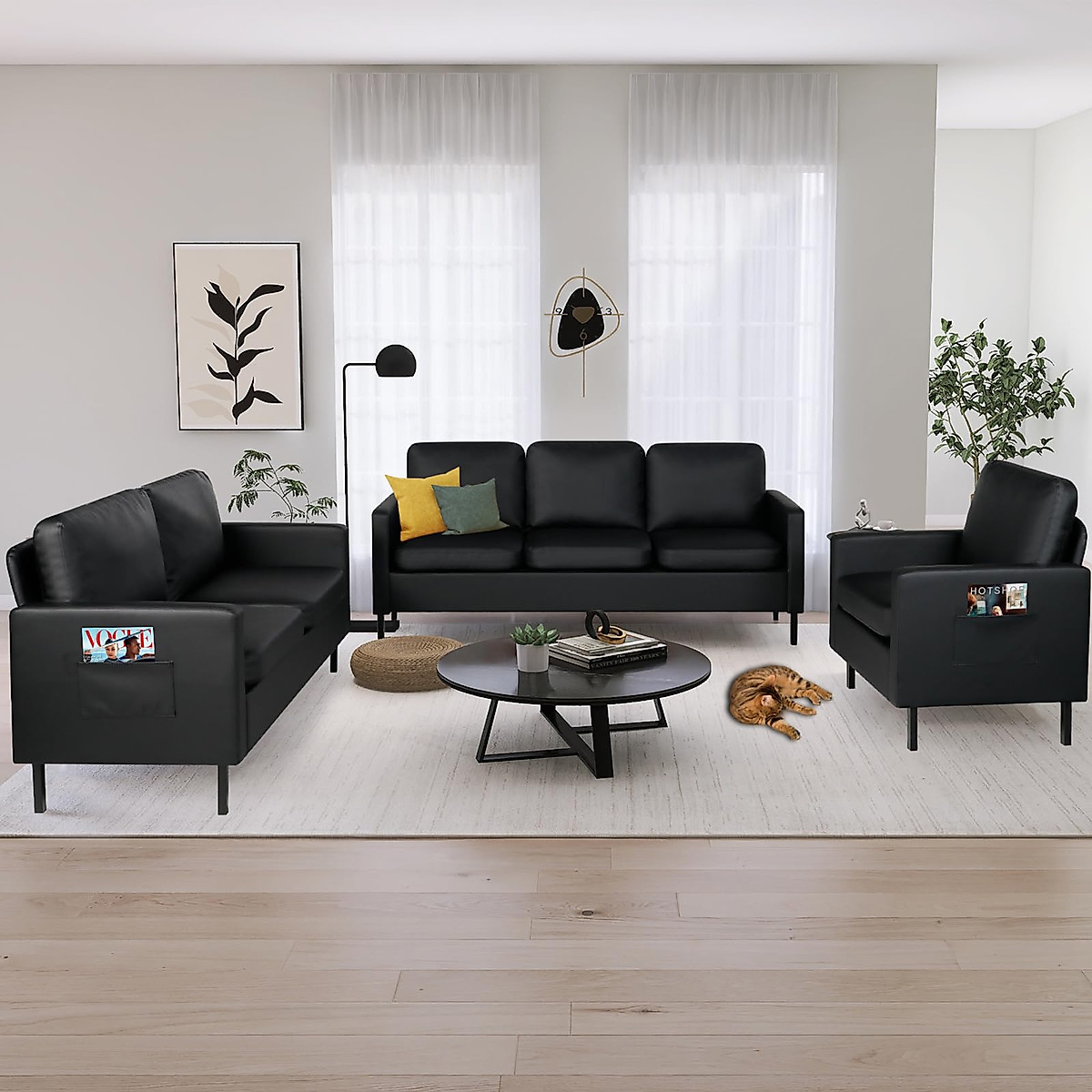 STHOUYN 3 Piece Living Room Furniture Sets, 3 Seat Couch and Loveseat with 2 USB, Single Sofa Accent Chair, Modern Small Couches for Small Spaces, Bedroom, Apartment (Black, 1+2+3(Armrest))